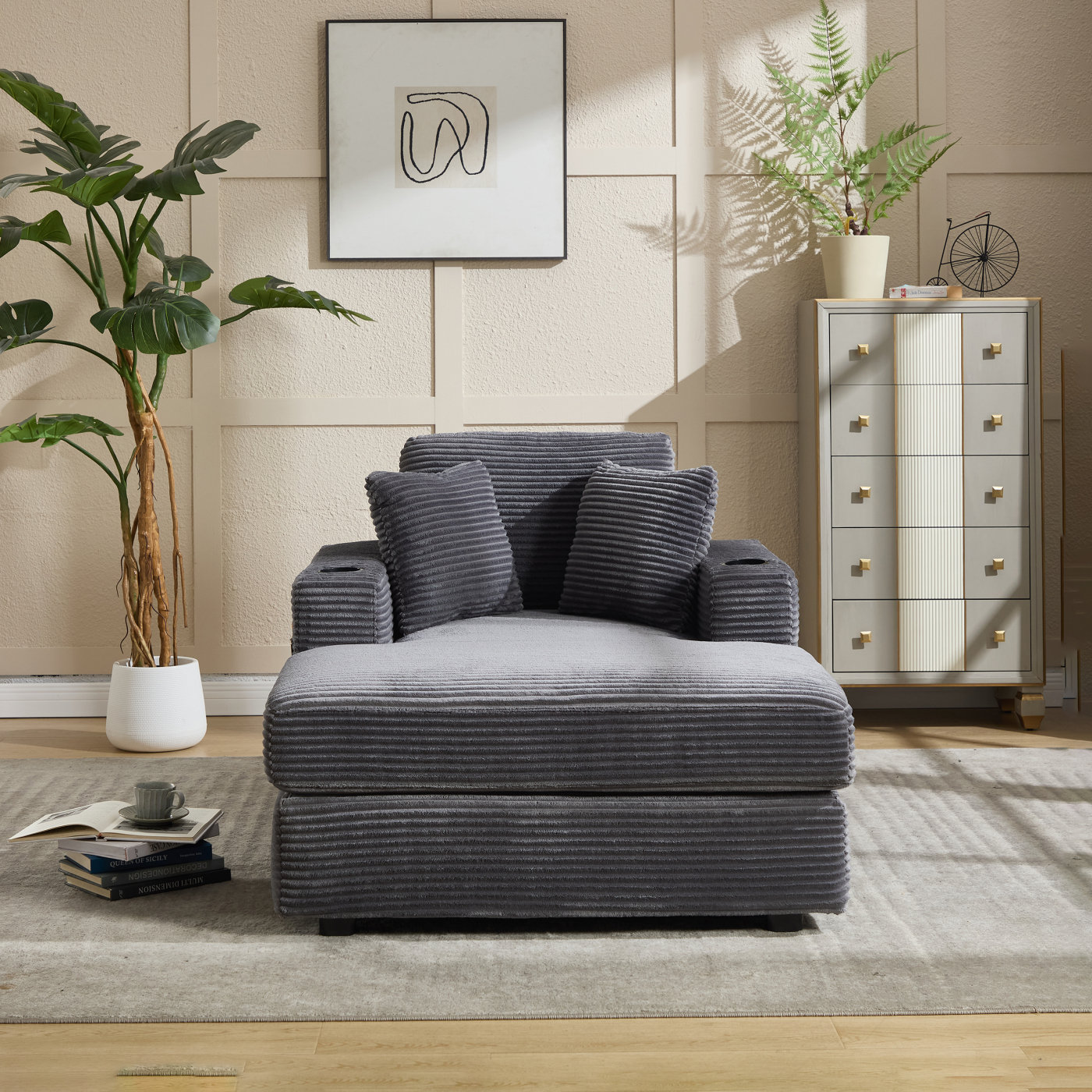 Ivy Bronx [New]Corduroy Upholstered Chaise Lounge Sofa,Magazine Bag ...